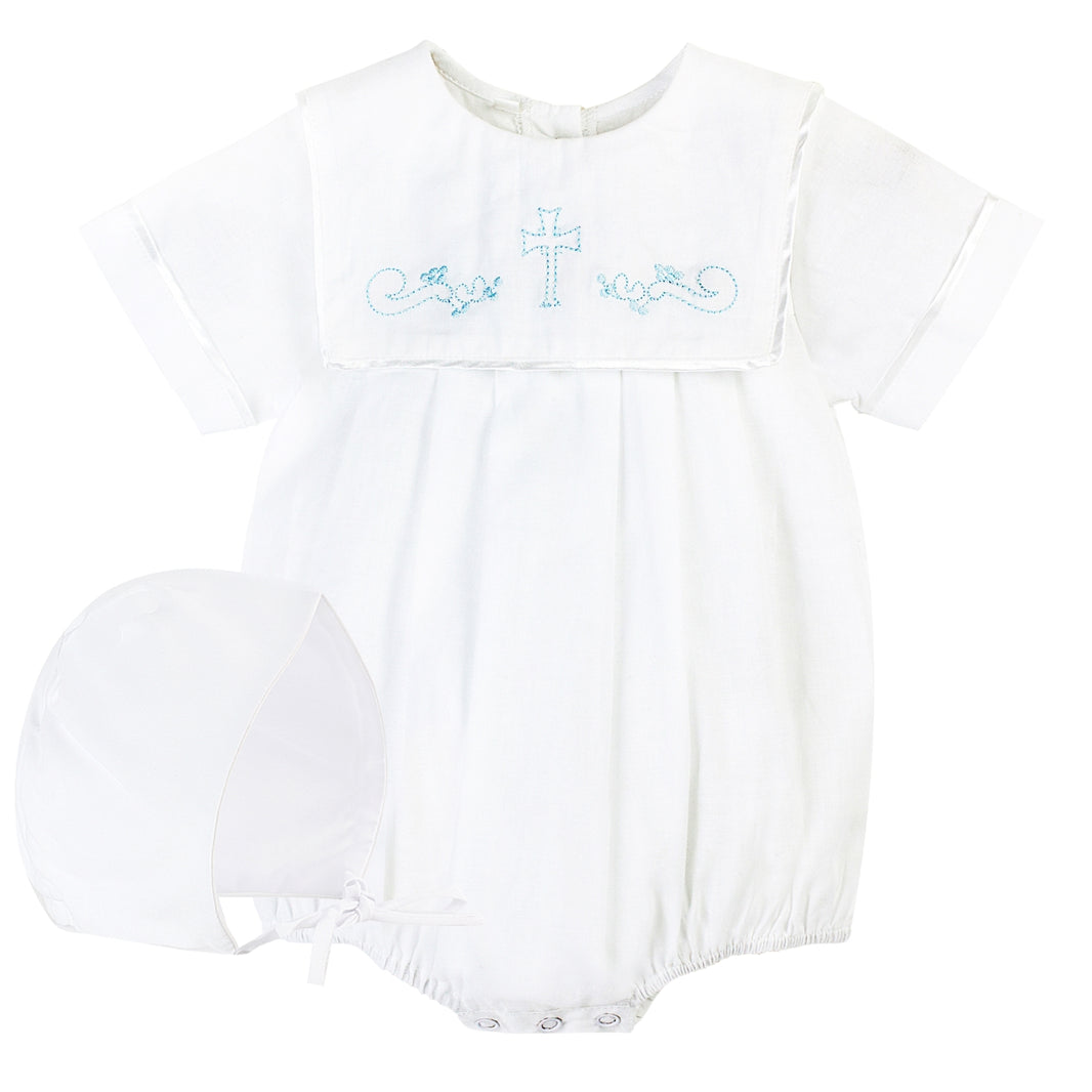 Wholesale Christening Hand Embroidered Cross Baby Boy Bubble with Bonnet