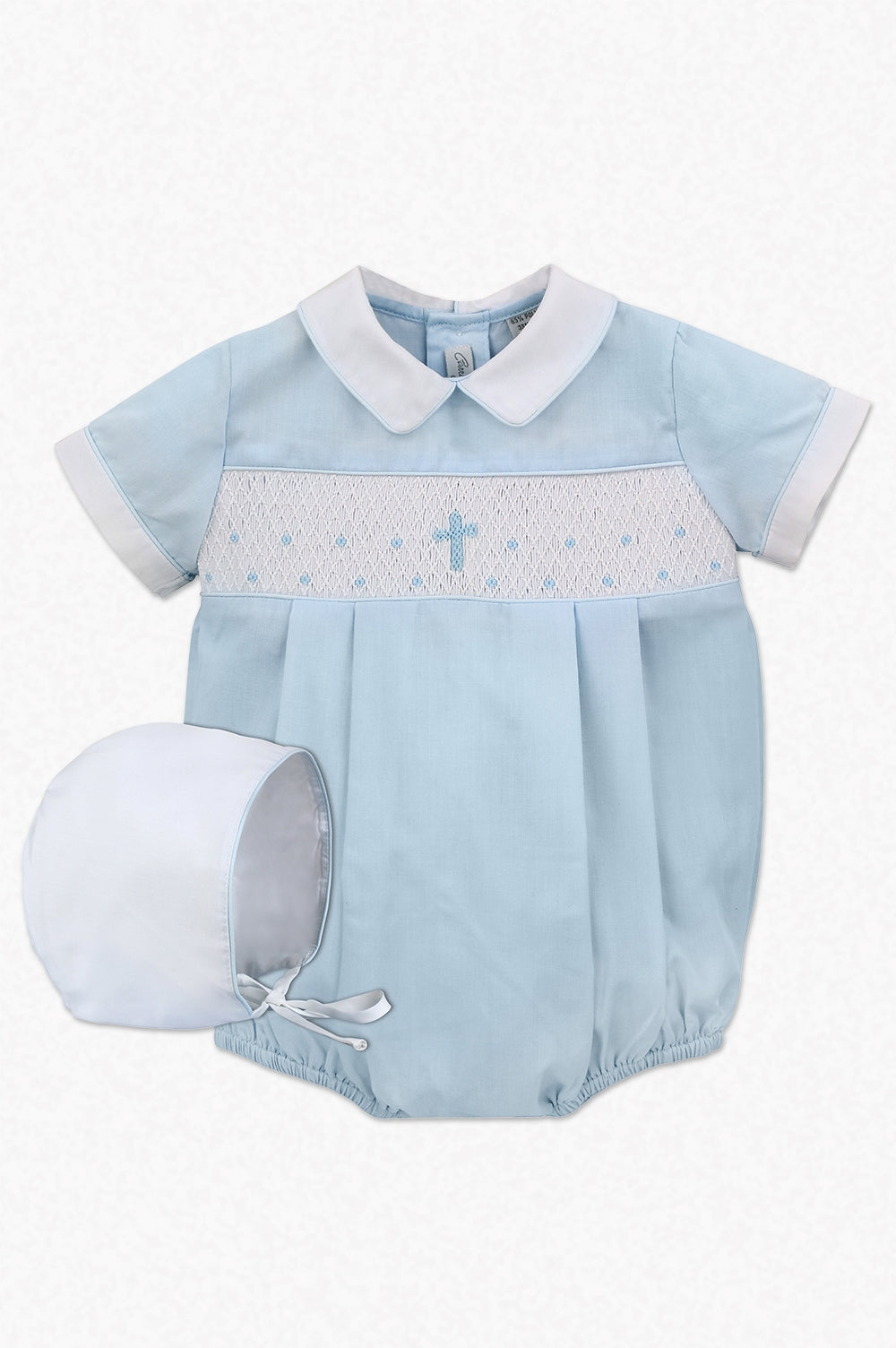 Wholesale Blue Hand Smocked Cross Baby Boy Bubble Romper with Bonnet